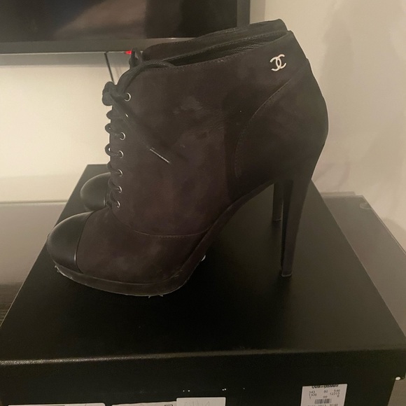 CHANEL | Shoes | Chanel Lace Up Suede Booties | Poshmark